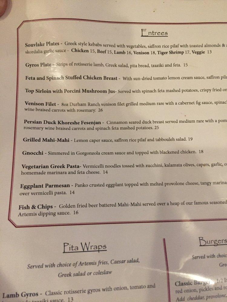 Menu at Artemis Lakefront Café restaurant, South Lake Tahoe