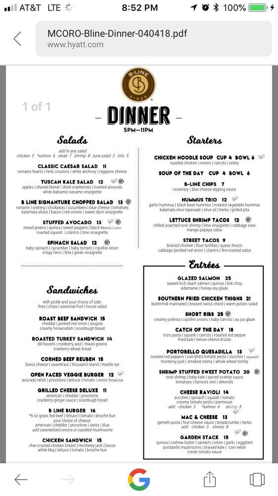 Menu at B-Line Diner restaurant, Orlando