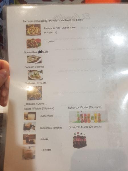 Menu at El Comalito restaurant, Playa del Carmen