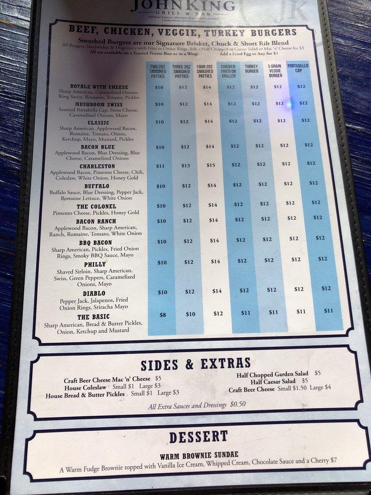 Menu at John King Grill & Dueling Piano Bar, Charleston