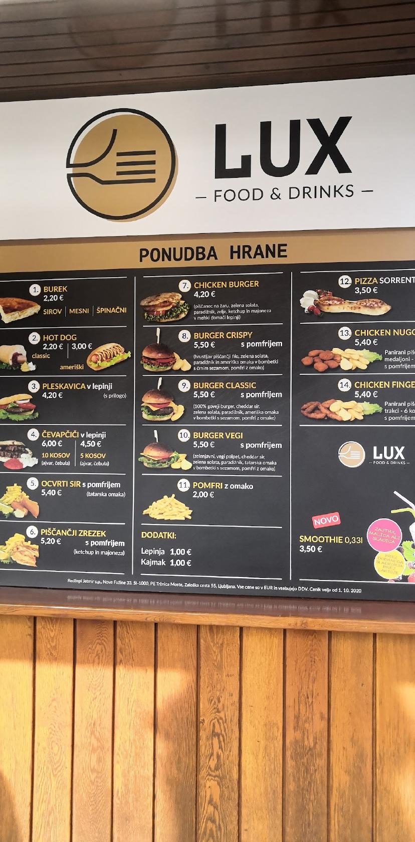 Menu at LUX fastfood restaurant, Ljubljana