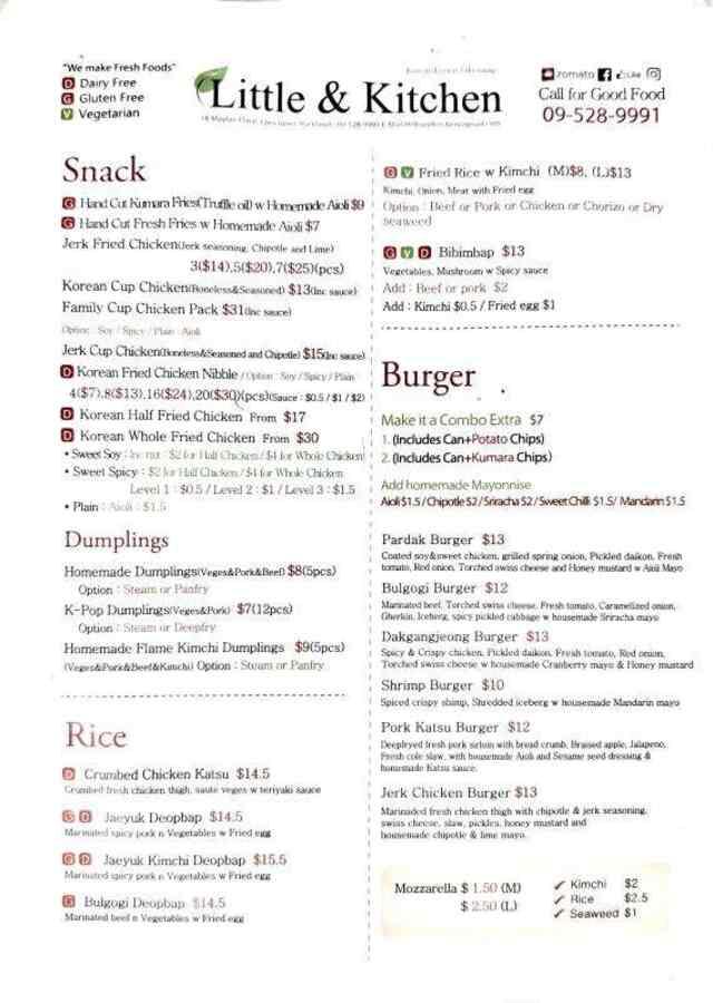 Menu at Little & Kitchen restaurant, Auckland