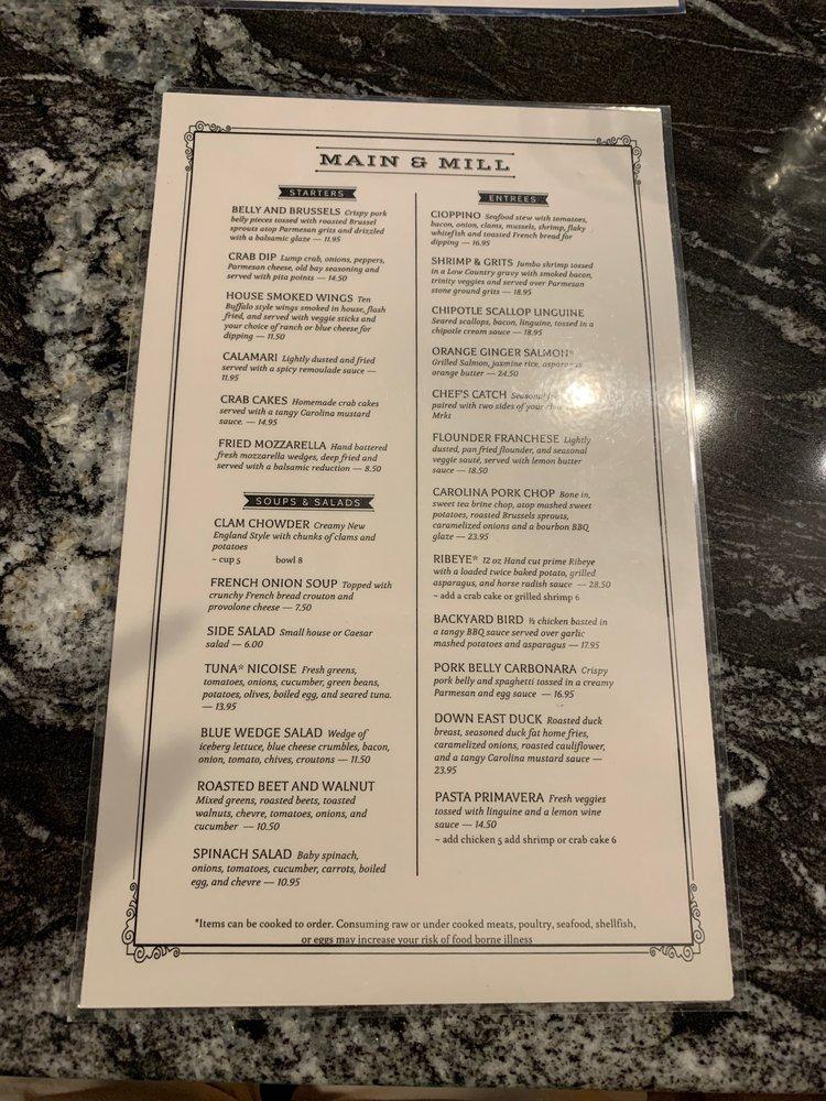 Carta de Main & Mill Oyster Bar & Tavern, Winterville