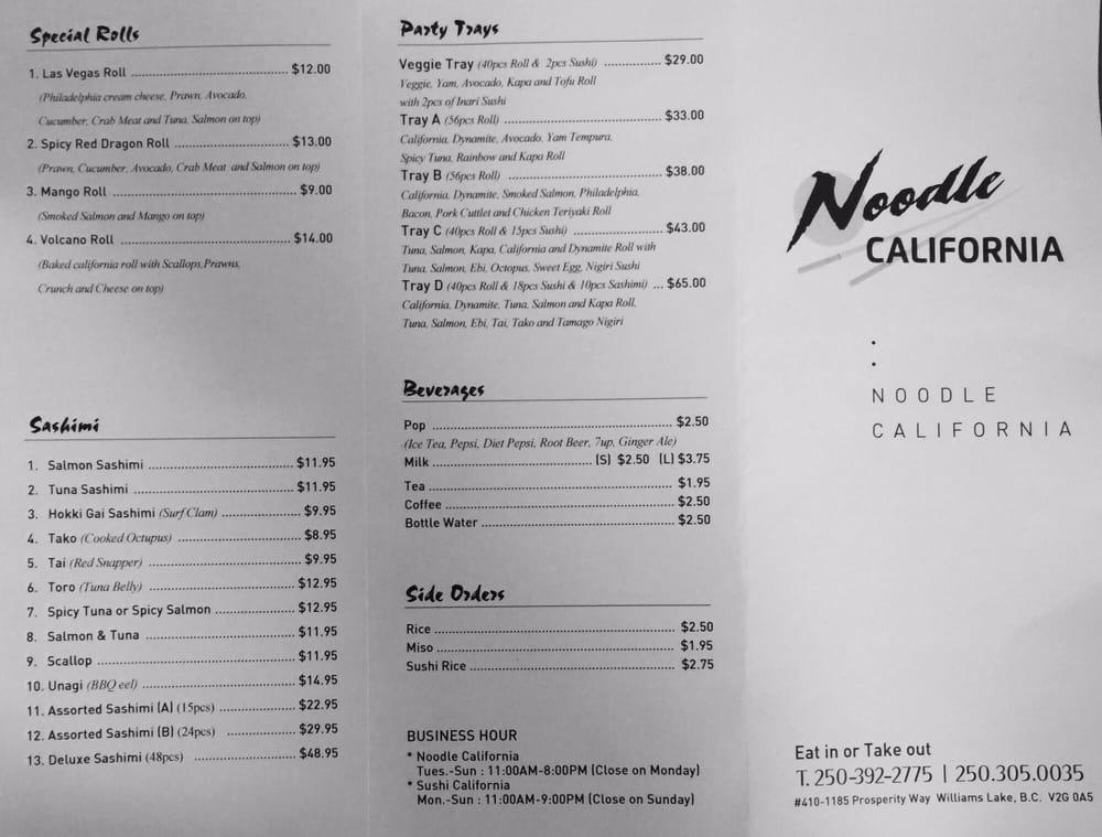 Menu at Noodle California restaurant, Williams Lake
