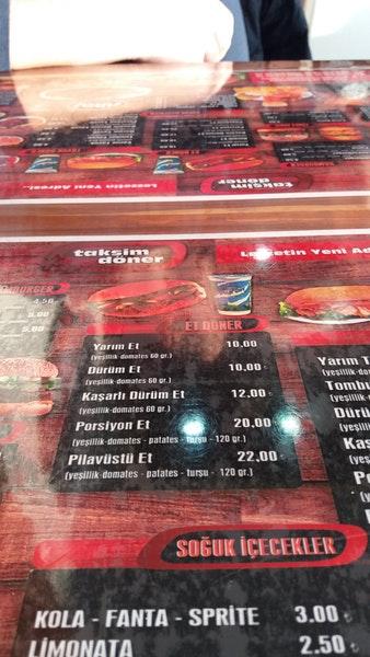 Menu at Taksim Doner, Yalova
