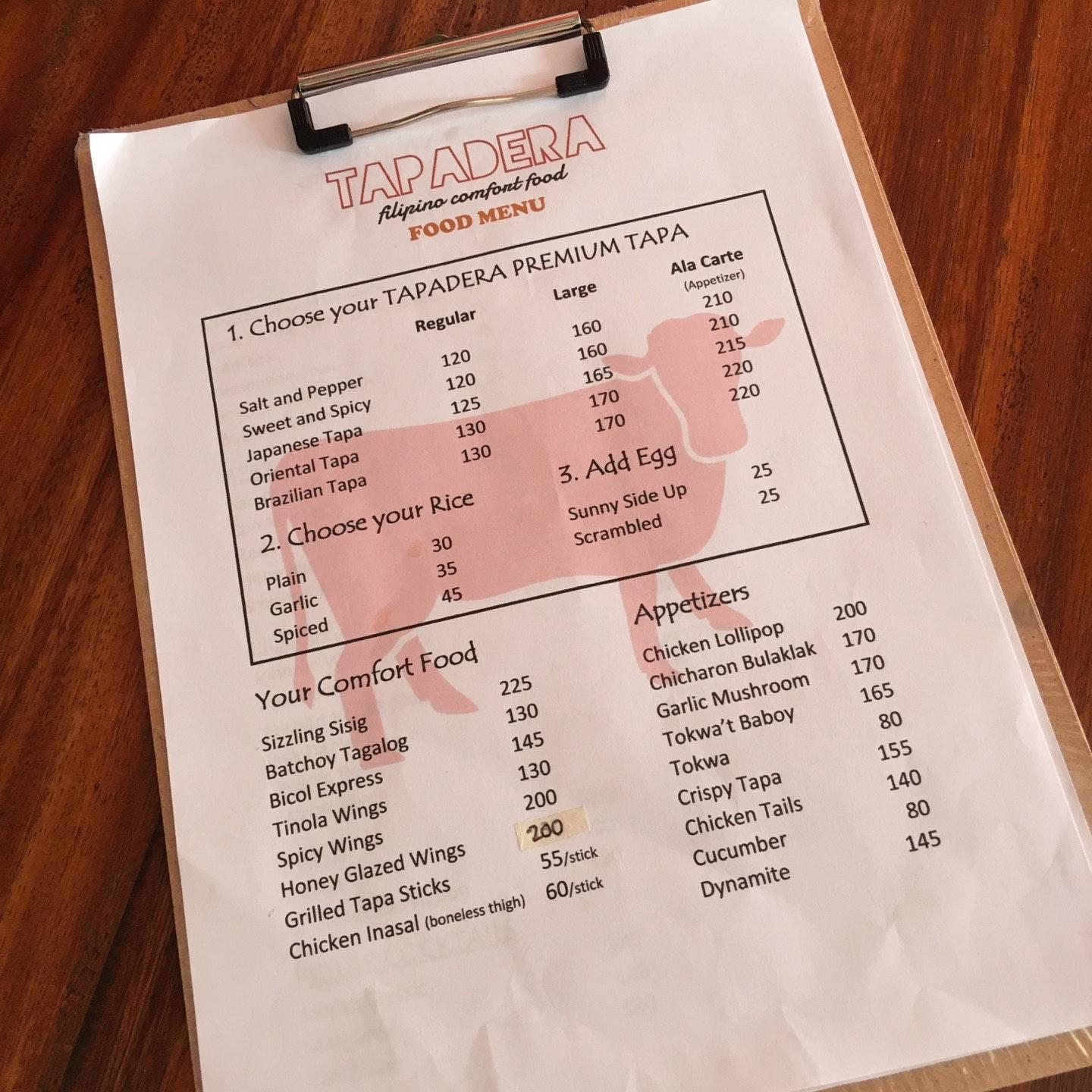 Menu at Tapadera PH restaurant, Makati