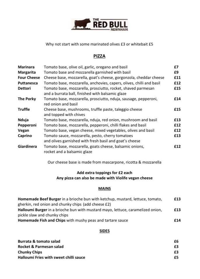 Menu at The Red Bull Newnham pub & bar, Cambridge