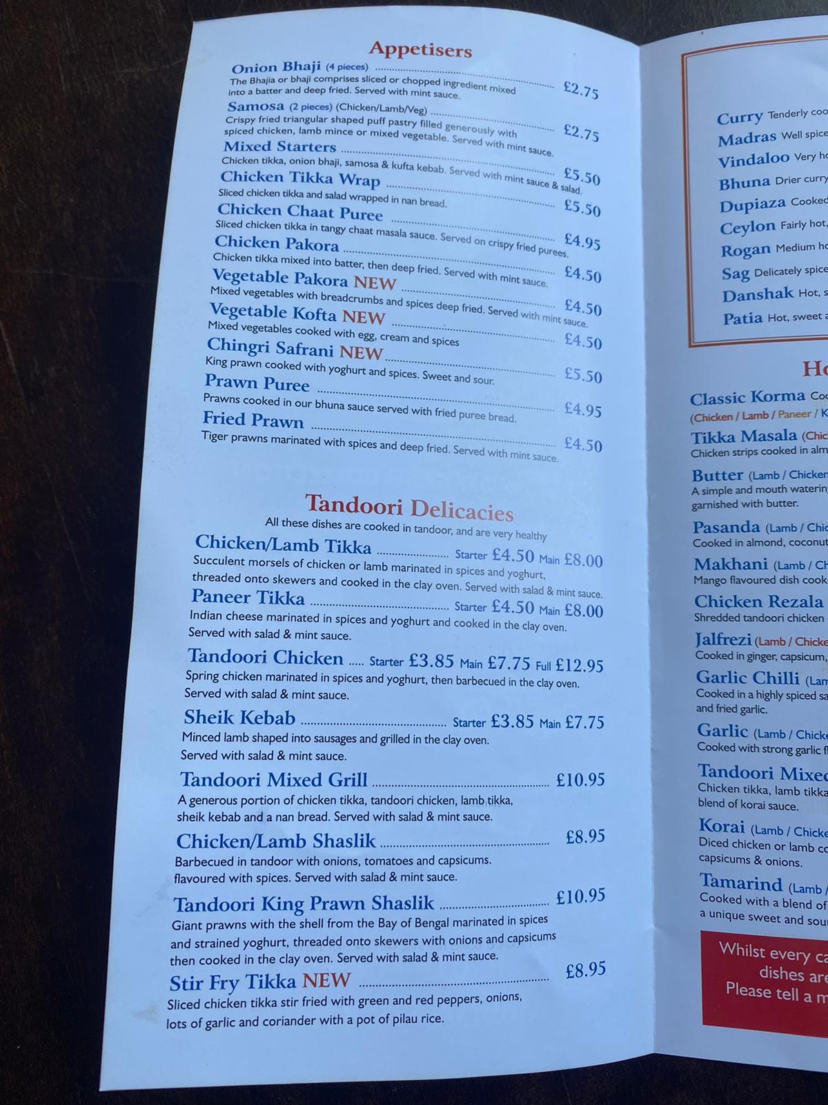 Menu at Amber Palace restaurant, Broadstairs