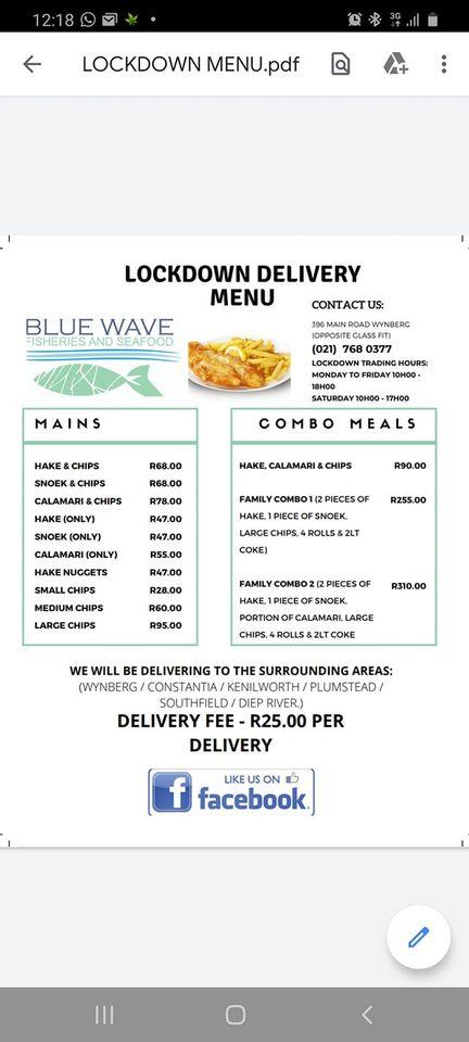 Menu at Blue Wave Fisheries And Seafood restaurant, Cape Town