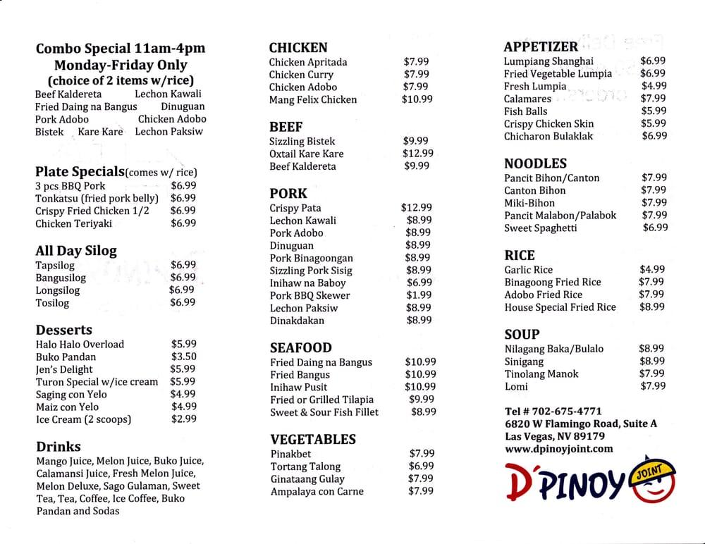 Menu at D' Pinoy Joint Flamingo restaurant, Las Vegas, W Flamingo Rd