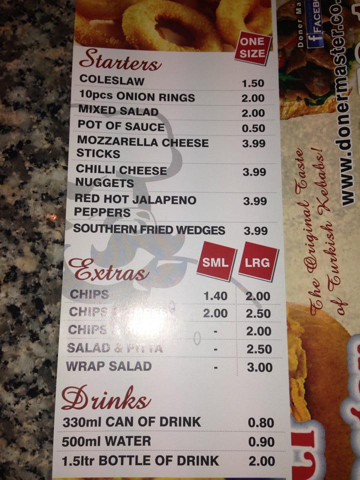 Menu at Doner Master restaurant, Shepshed