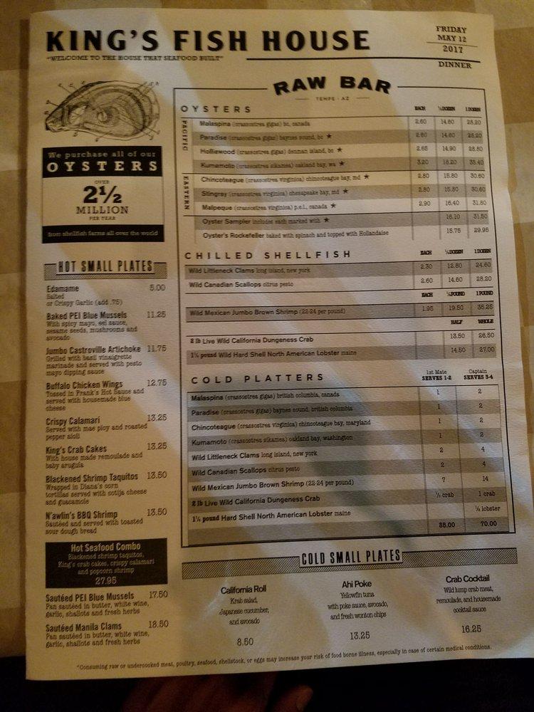 Menu at King's Fish House restaurant, Tempe