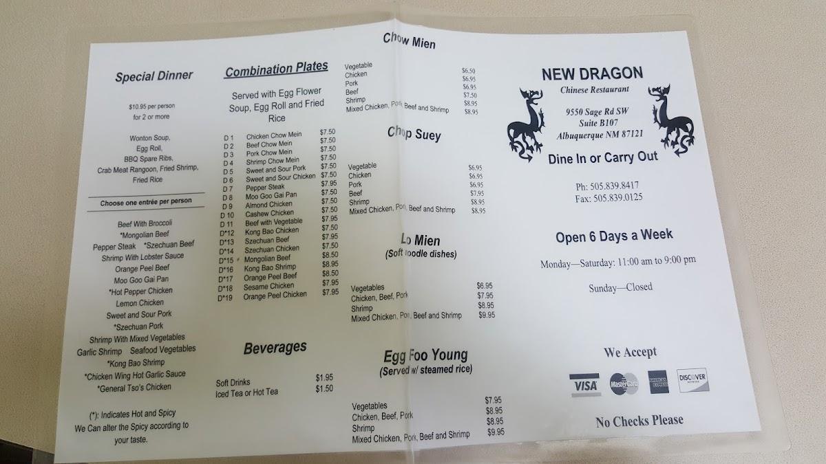 Menu at New Dragon restaurant, Albuquerque