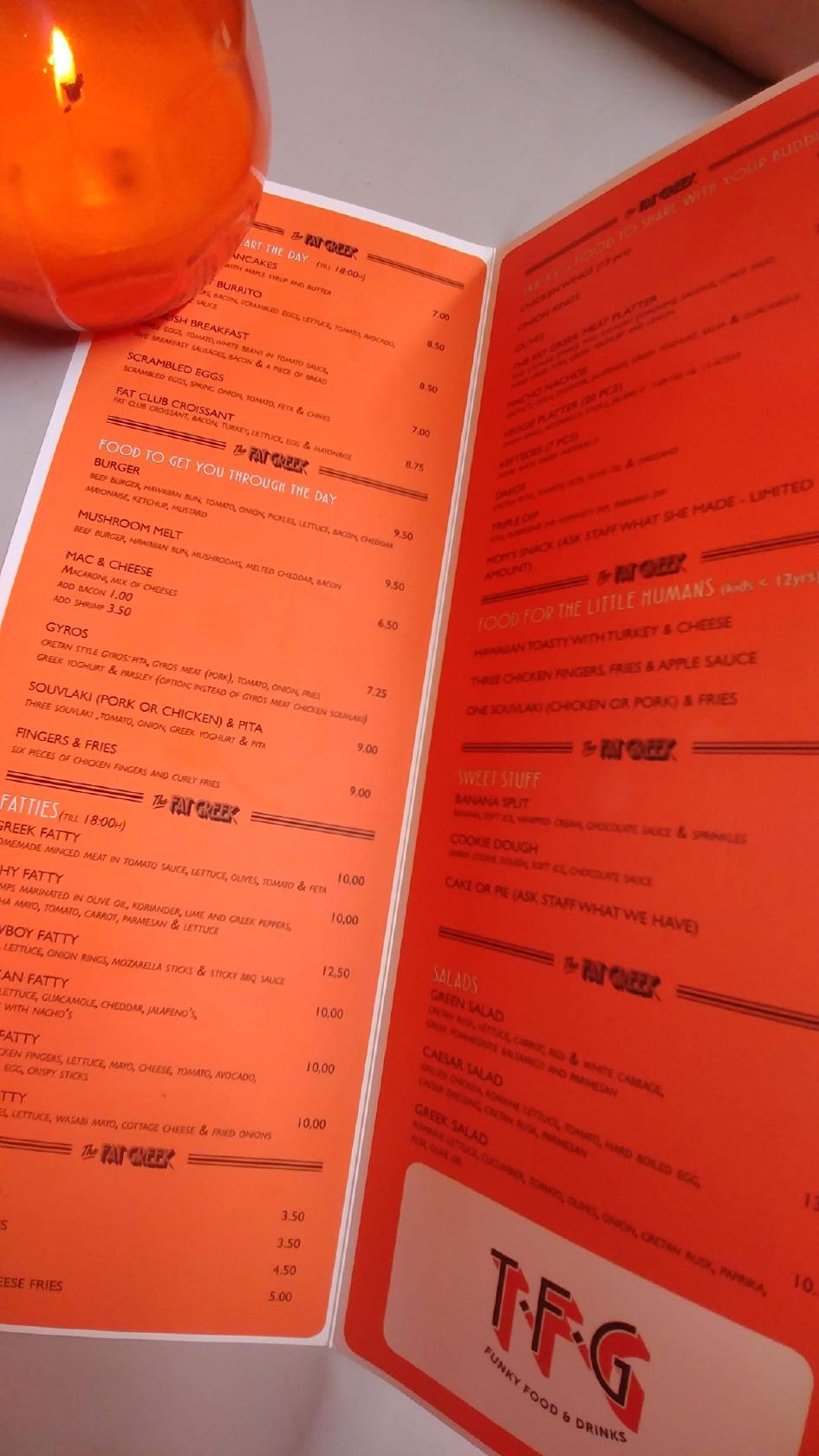 Menu at T.F.G - The Fat Greek, Tilburg