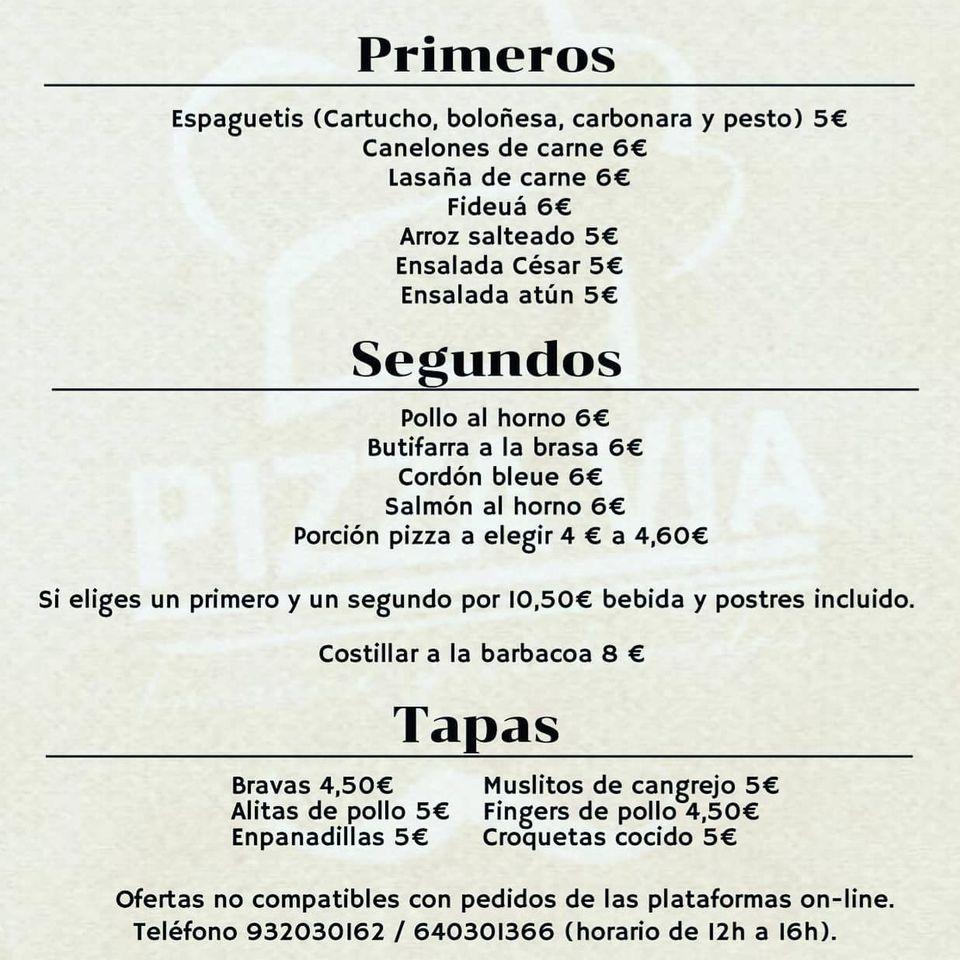 Carta de pizzería pizza via, Barcelona, C. de Francesc Carbonell