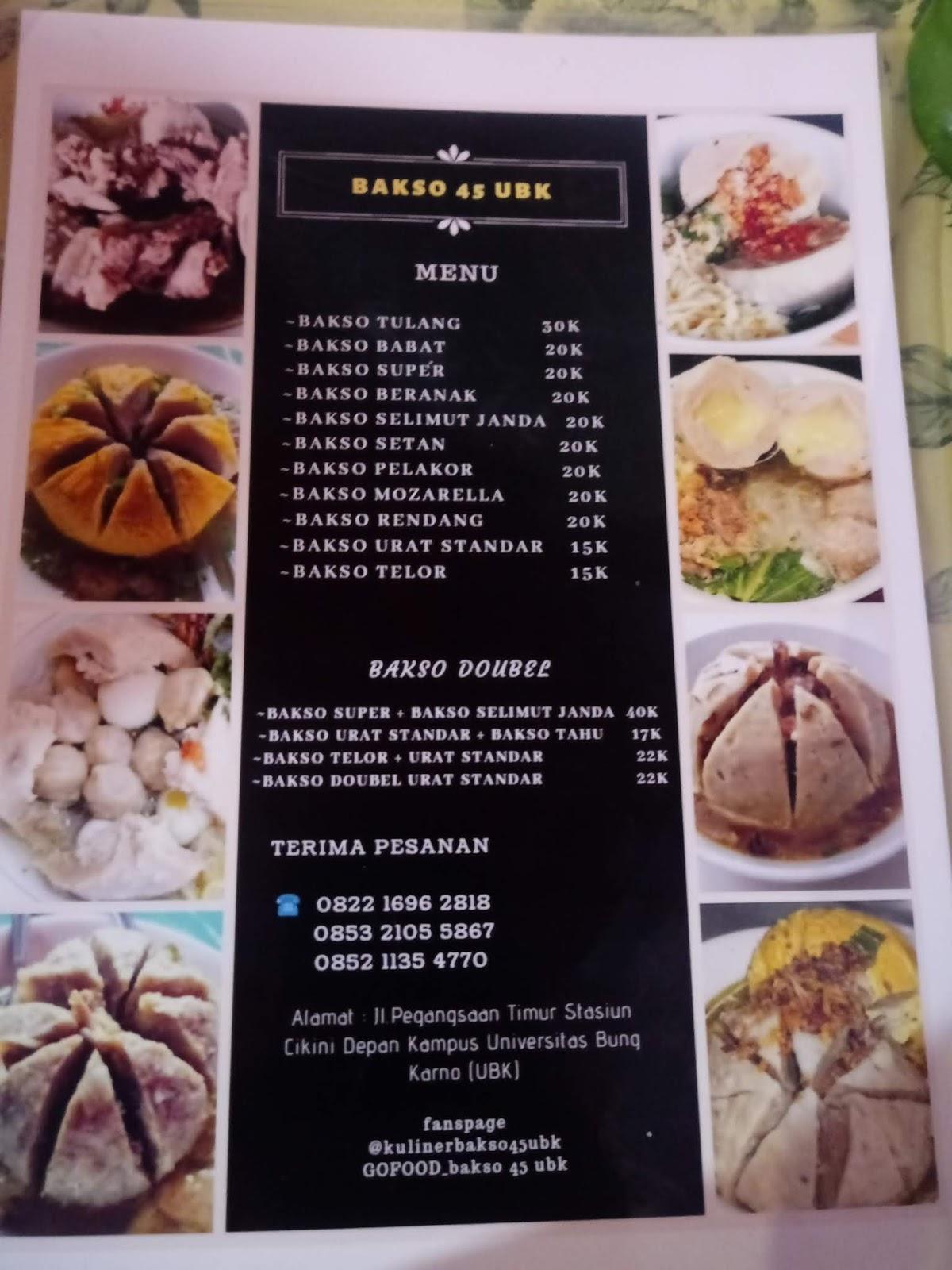 Menu at Bakso Universitas 45 UBK restaurant, Central Jakarta, RR2R+9Q7