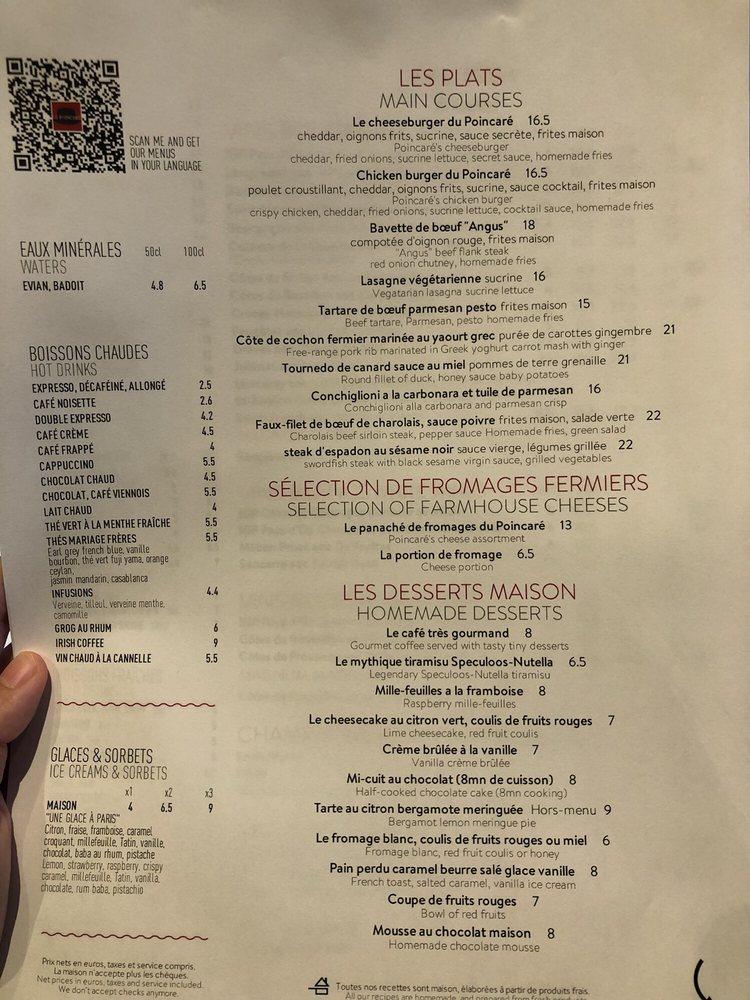 Menu at Bistrot Poincaré pub & bar, Paris, angle du 22