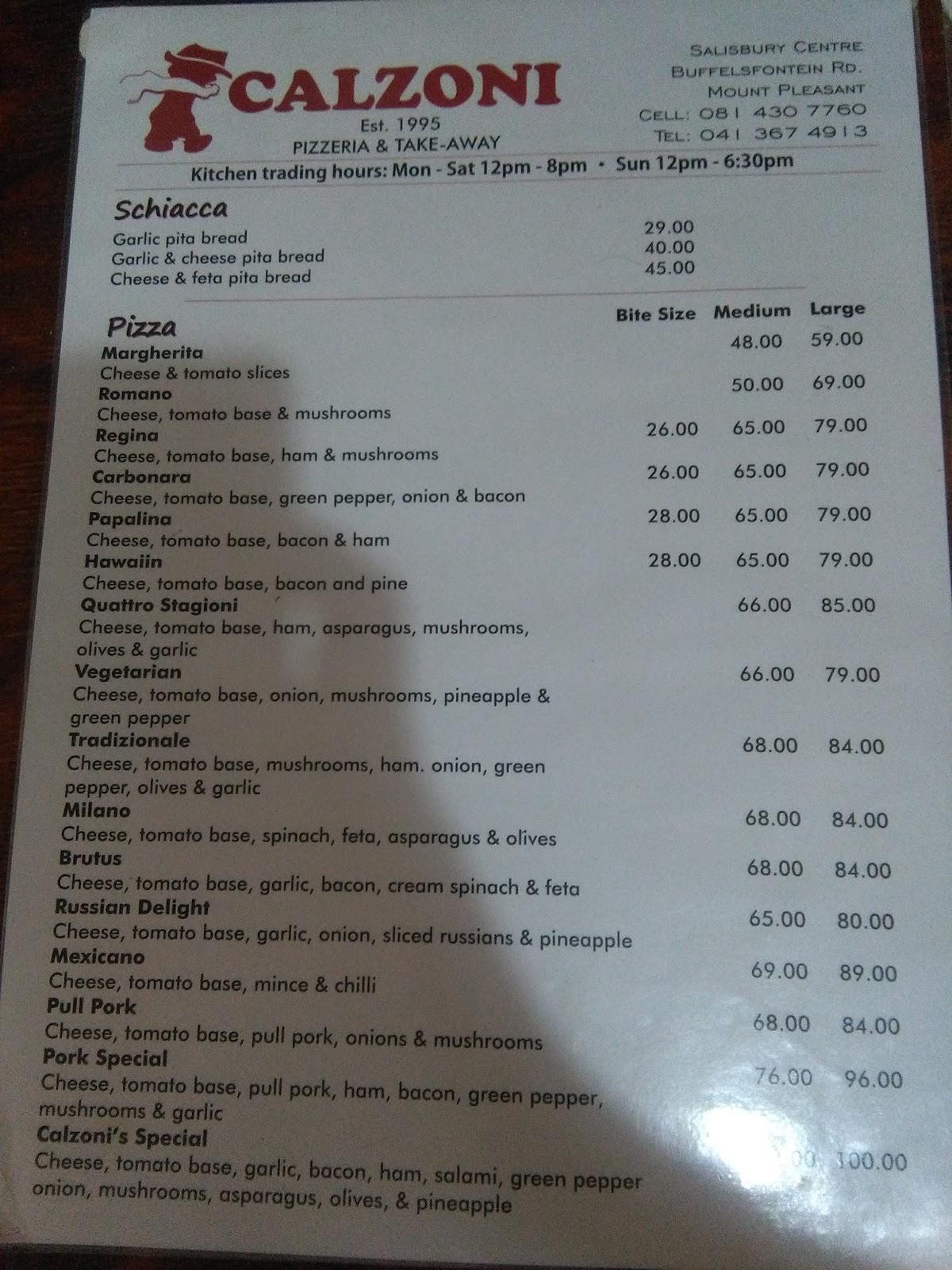 Menu at Calzoni pizzeria, South Africa