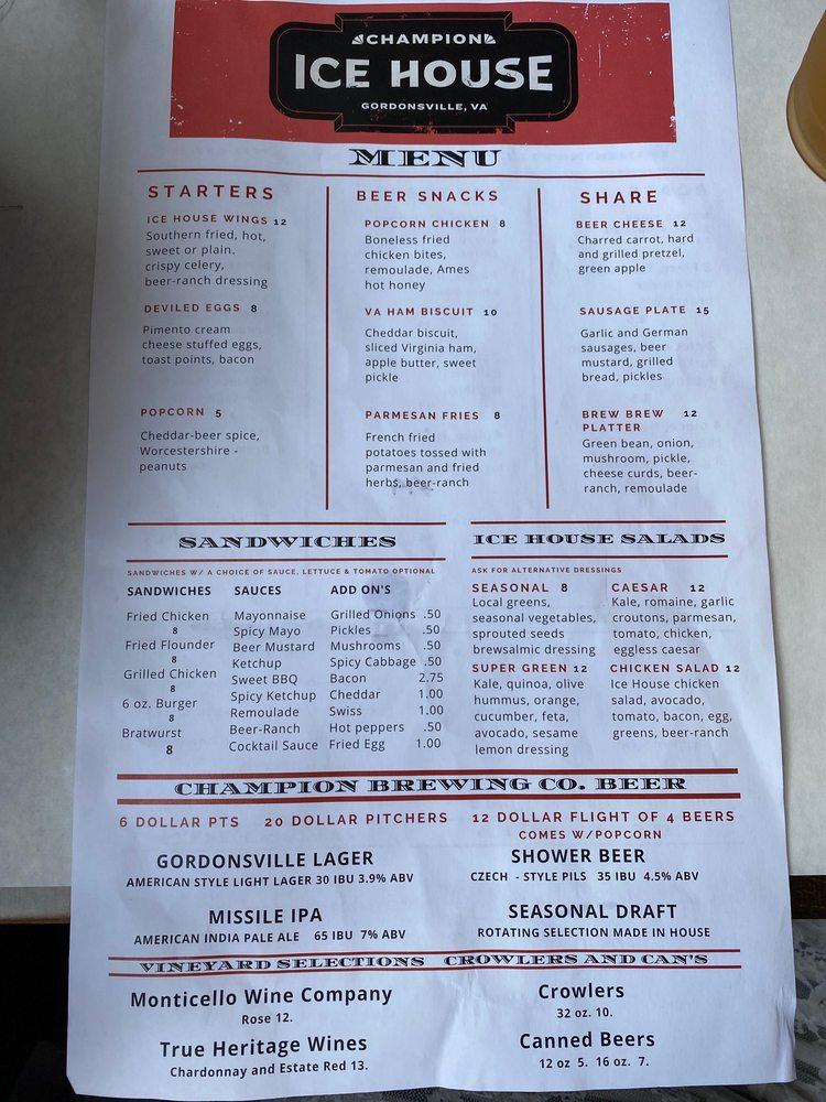 Menu at Gordonsville Ice House restaurant, Gordonsville