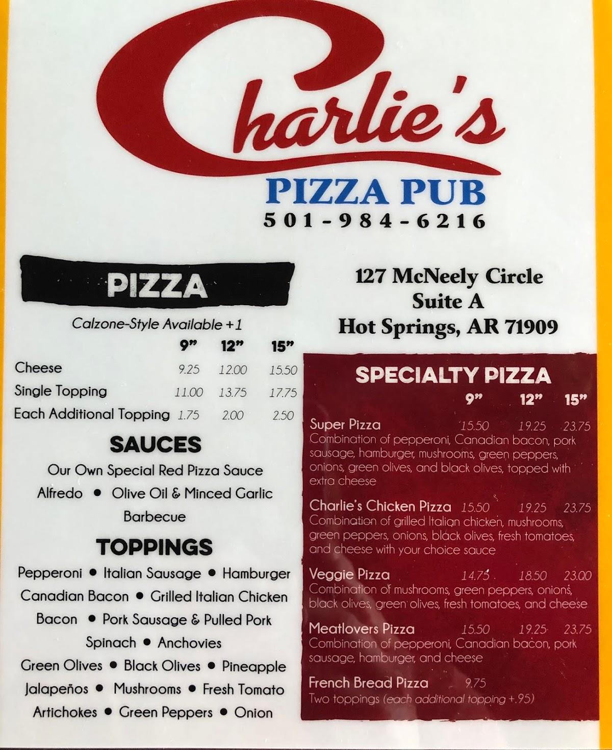 Menu at Charlie's Pizza Pub, Hot Springs Village, 127 McNeely Cir A