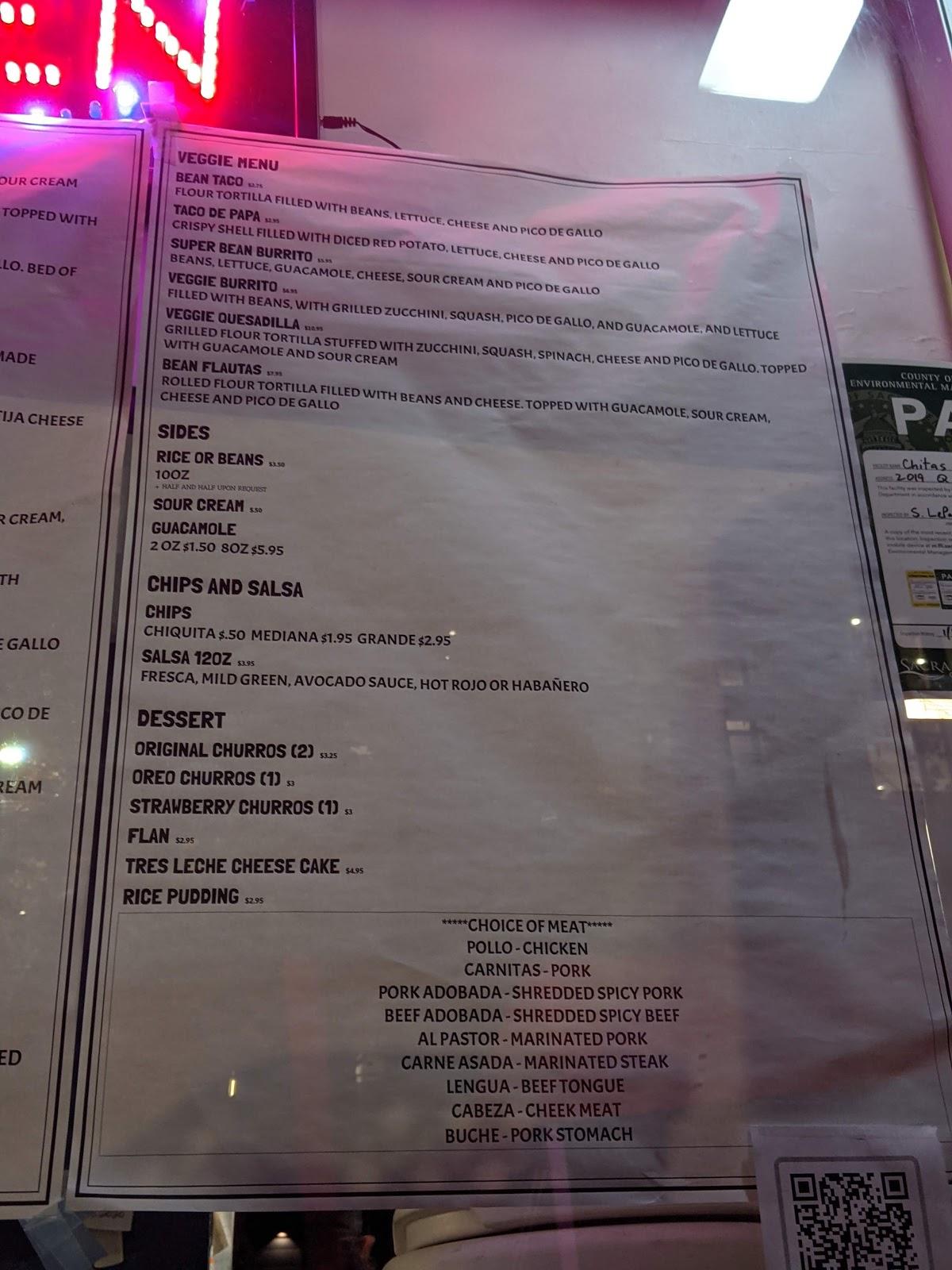 Menu at Chita's Taqueria restaurant, Sacramento