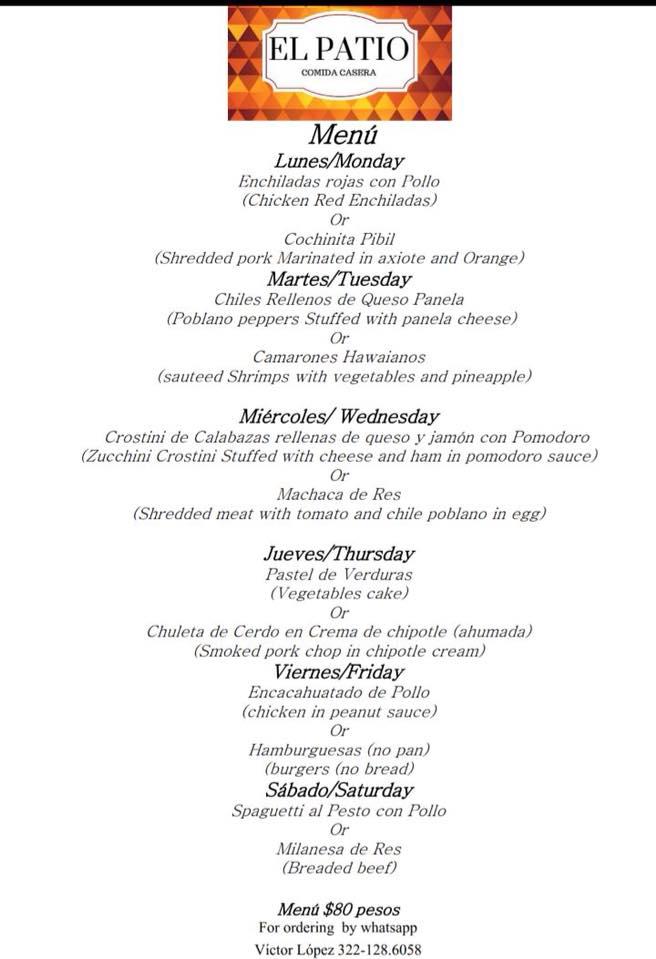 Menu at "El Patio" Comida Casera restaurant, Mezcales