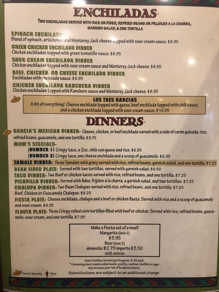 Menu at Garcia's Mexican Food Restaurant, Lockhart, S Colorado St