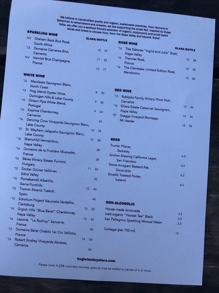 Menu at Hog Island Oyster Co restaurant, Napa