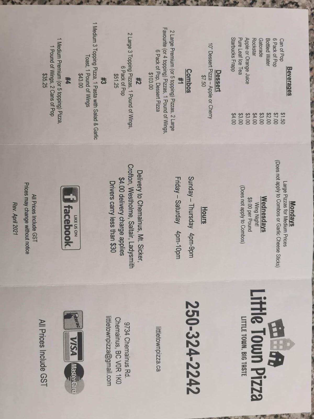 Menu at Little Town Pizza pizzeria, Chemainus