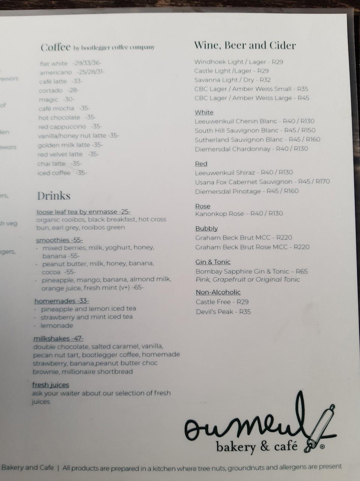 Menu at Ou Meul Pinelands cafe, Cape Town, 33 Central Square