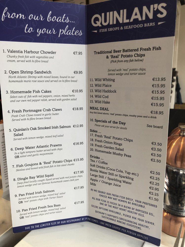 Menu at Quinlan's Seafood Bar, Killarney