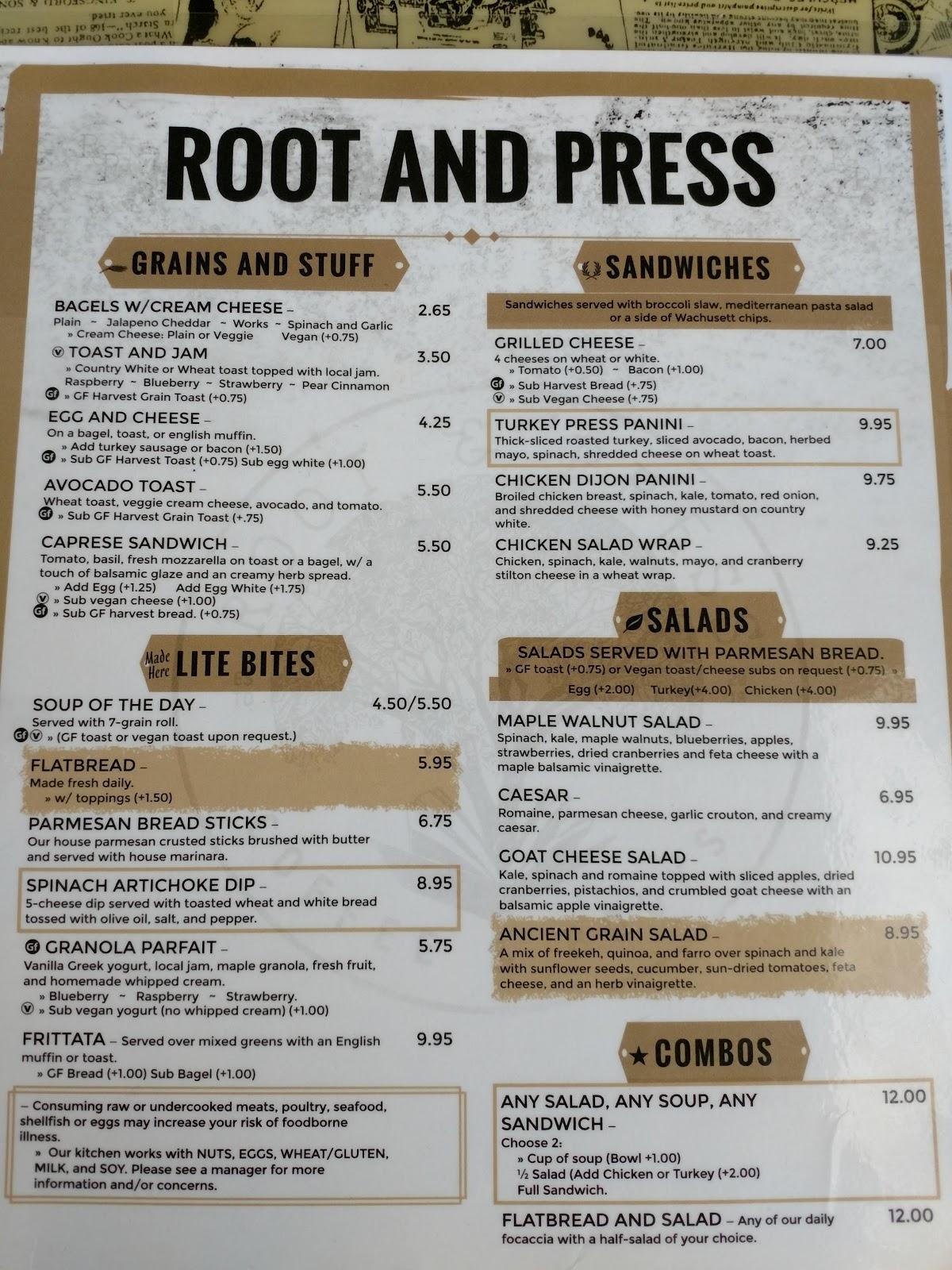 Carta del restaurante Root and Press, LLC, Worcester