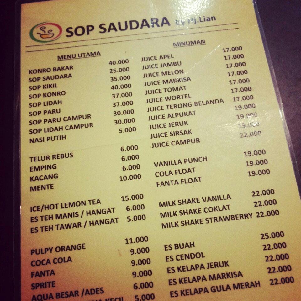 Menu at Sop Saudara Hj. Lian restaurant, Makassar, Panakkukang Square ...