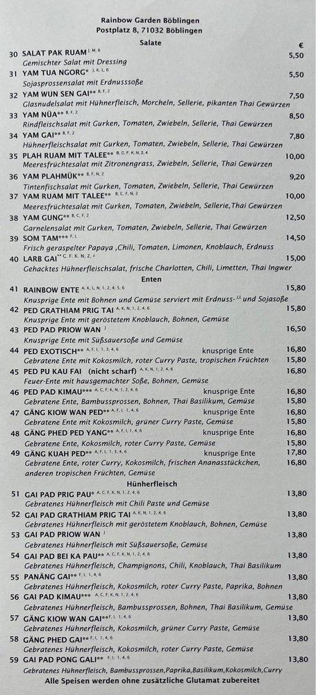 Menu at Thai-Restaurant Rainbow Garden, Böblingen