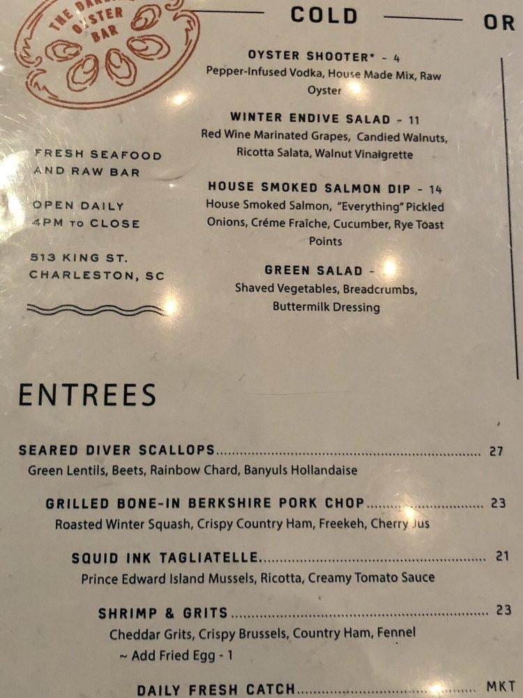 Menu at The Darling Oyster Bar, Charleston