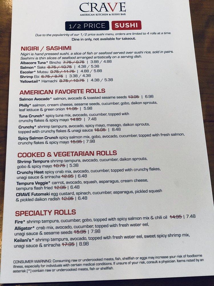 Menu at CRAVE American Kitchen & Sushi Bar (LaSalle Plaza - Minneapolis ...