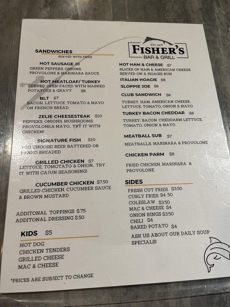 Menu at Fishers Bar And Grill, Zelienople