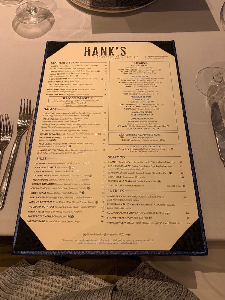 Menu at Hank's Fine Steaks & Martinis pub & bar, Henderson