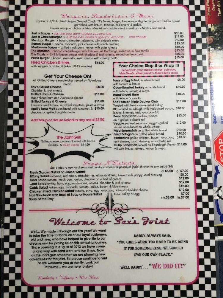 Menu at Sax's Joint restaurant, Petaluma