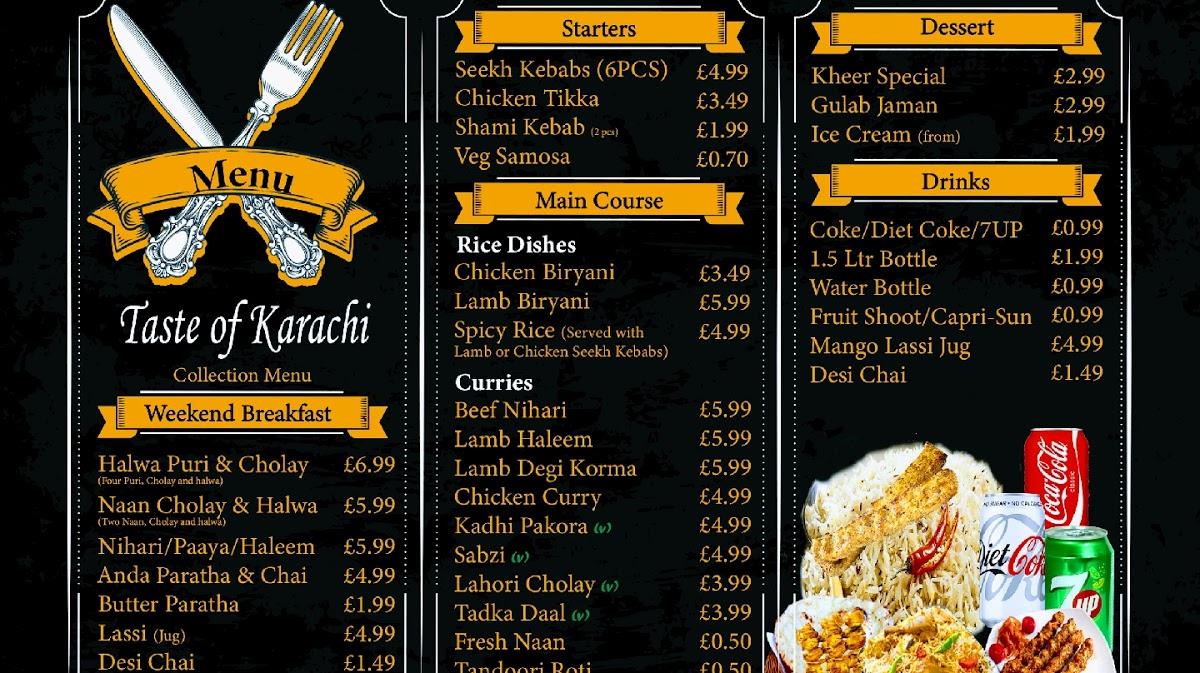 Menu at Taste of Karachi restaurant, Slough