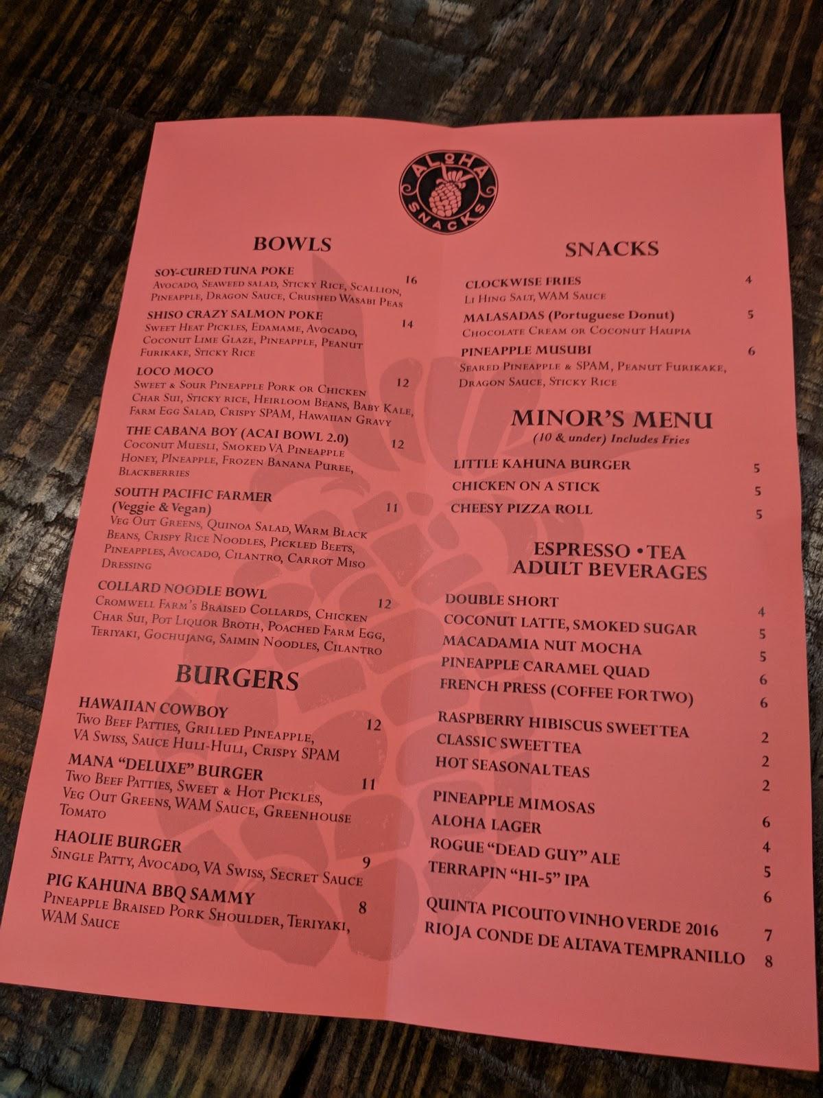 Menu at Aloha Snacks restaurant, Virginia Beach