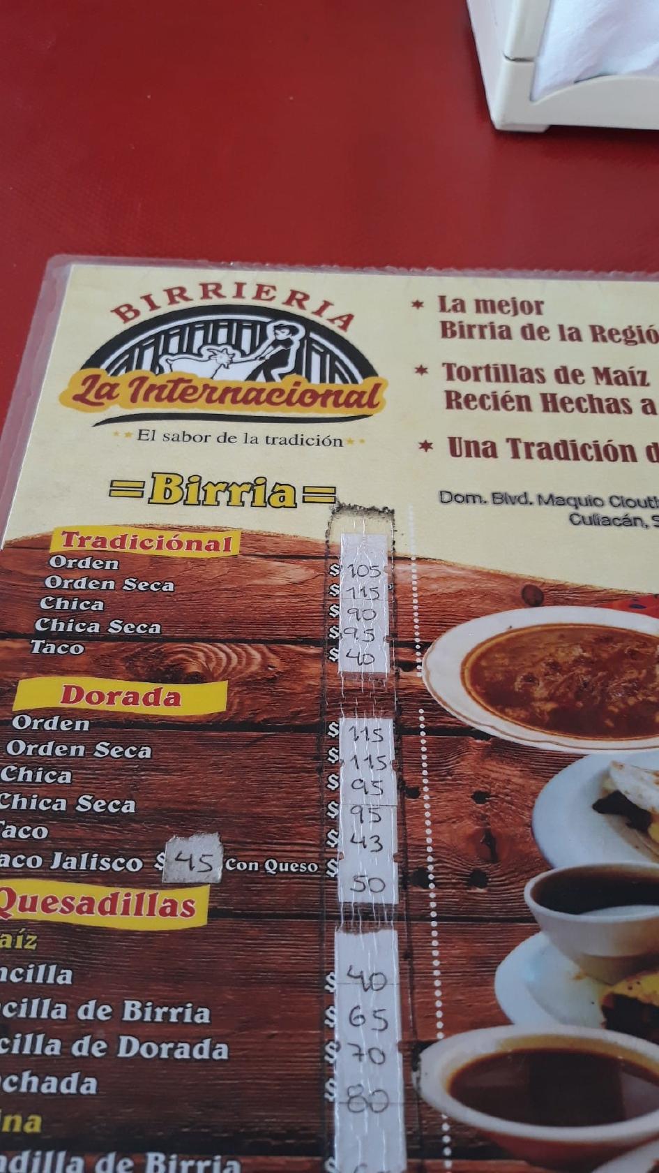 Menu at Birrieria "La Internacional" restaurant, Culiacán, Av. Manuel J ...