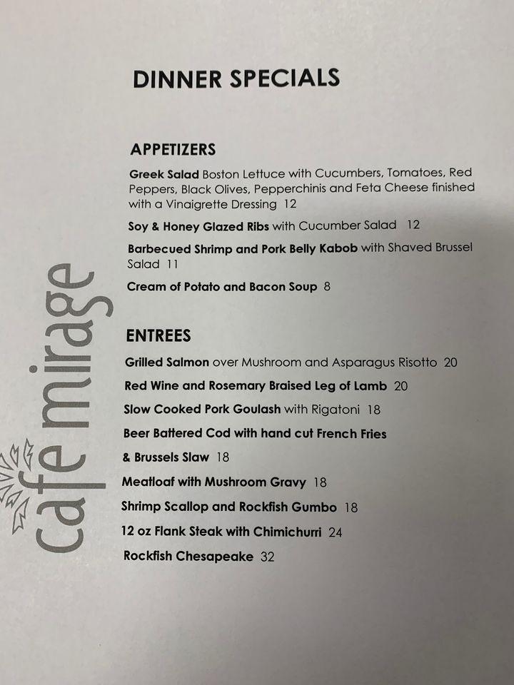 Menu at Cafe Mirage, Ocean City