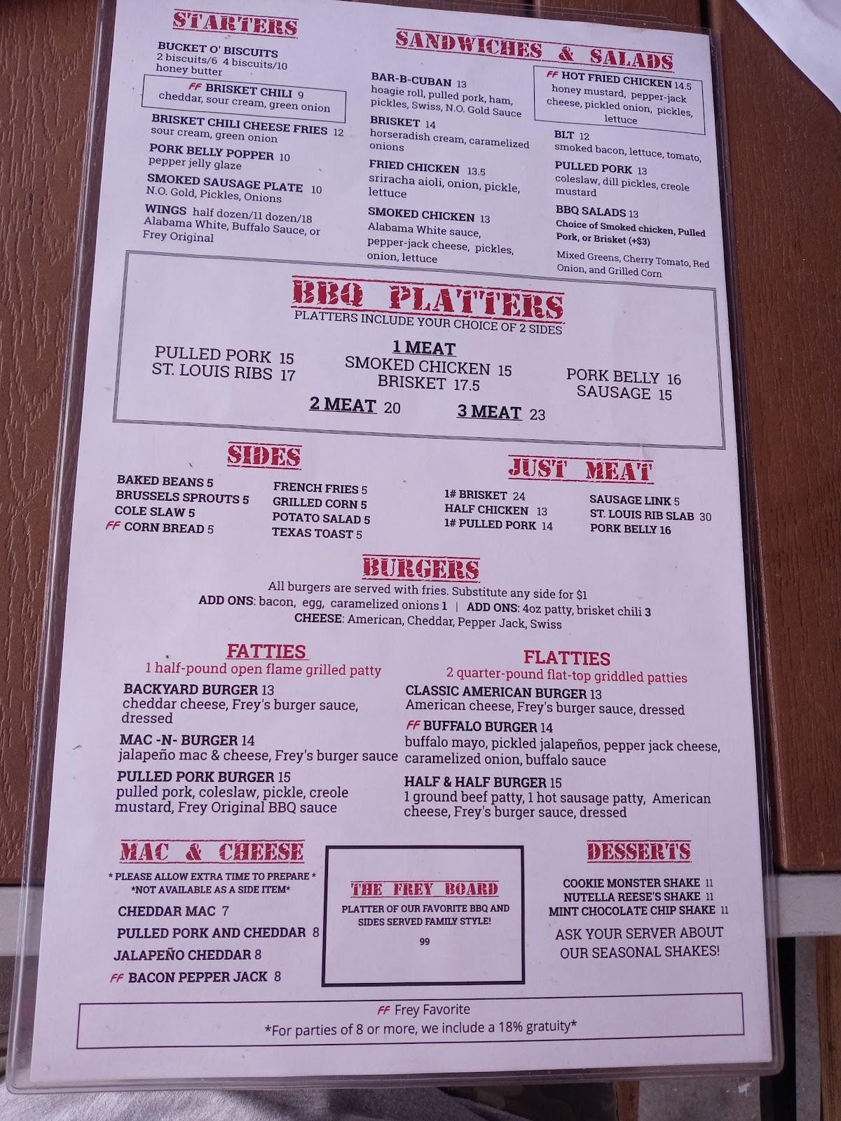 Menu at Frey Smoked Meat Co. pub & bar, New Orleans