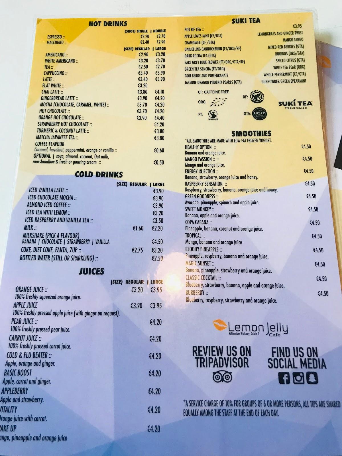Menu at Lemon Jelly Cafe, Dublin