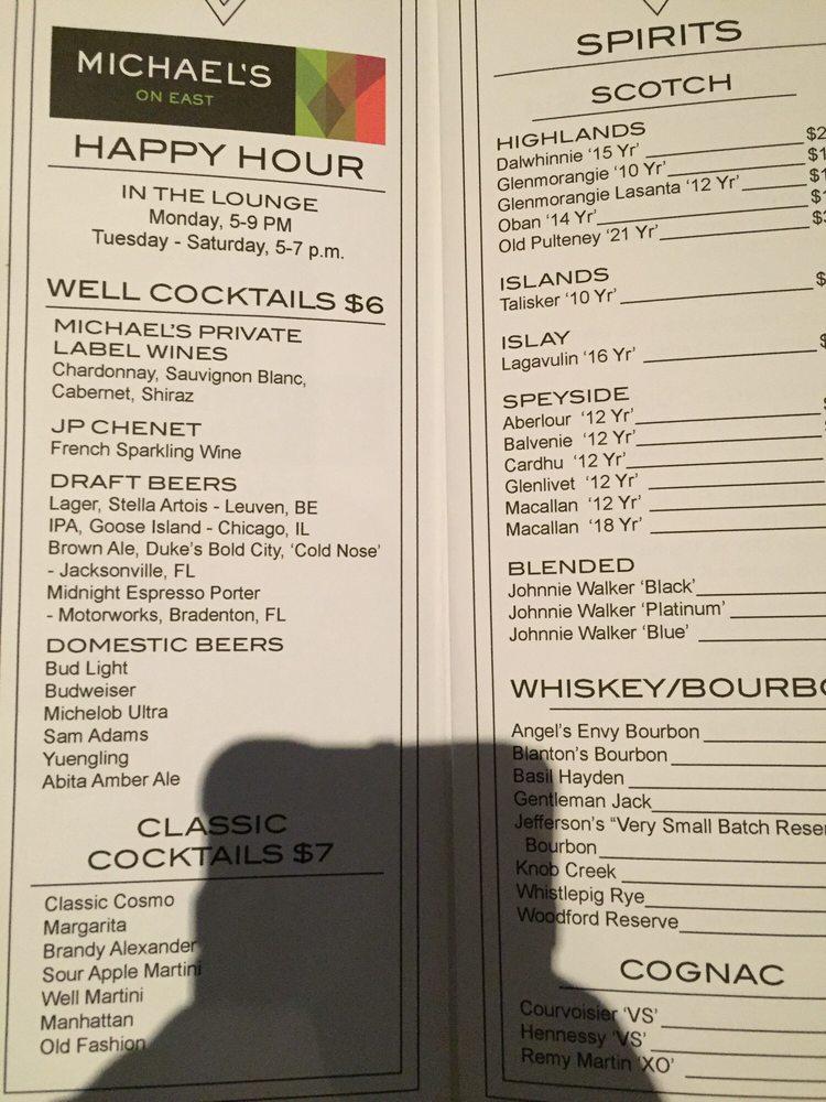 Menu at Michael's On East steakhouse, Sarasota