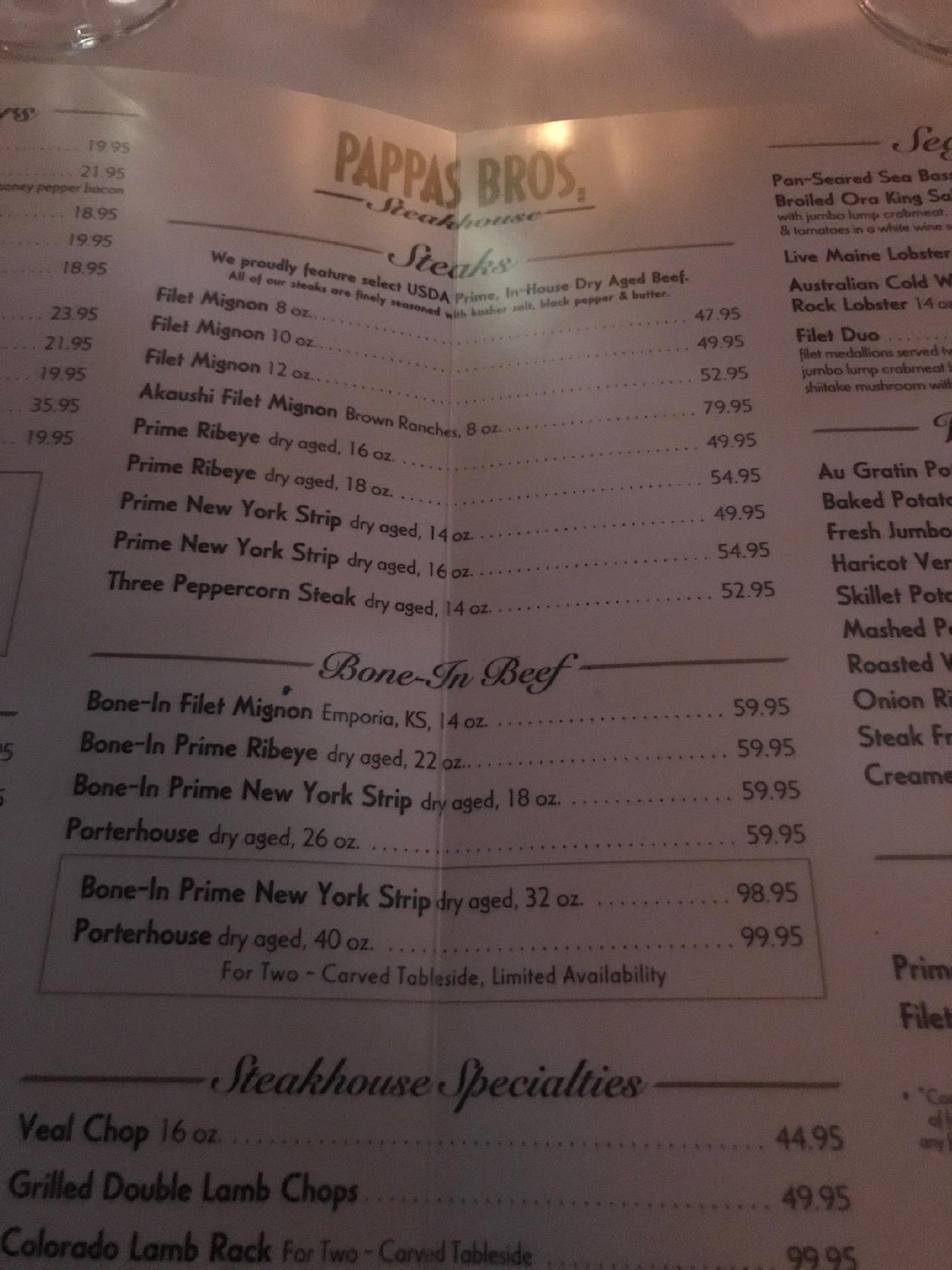 Menu at Pappas Bros. Steakhouse, Dallas