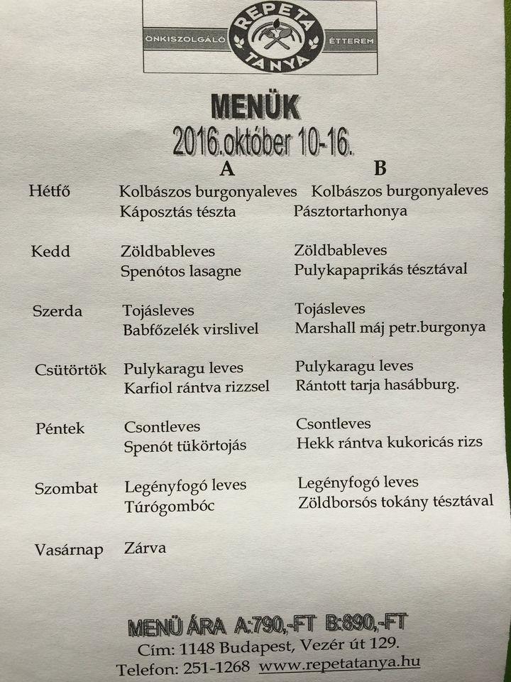 Menu at Repeta Tanya restaurant, Budapest