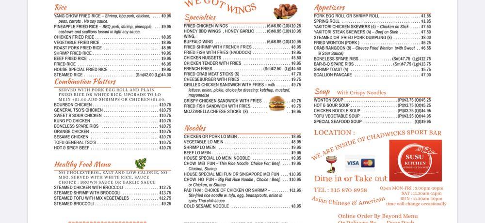 Menu at Susu Kitchen restaurant, Syracuse