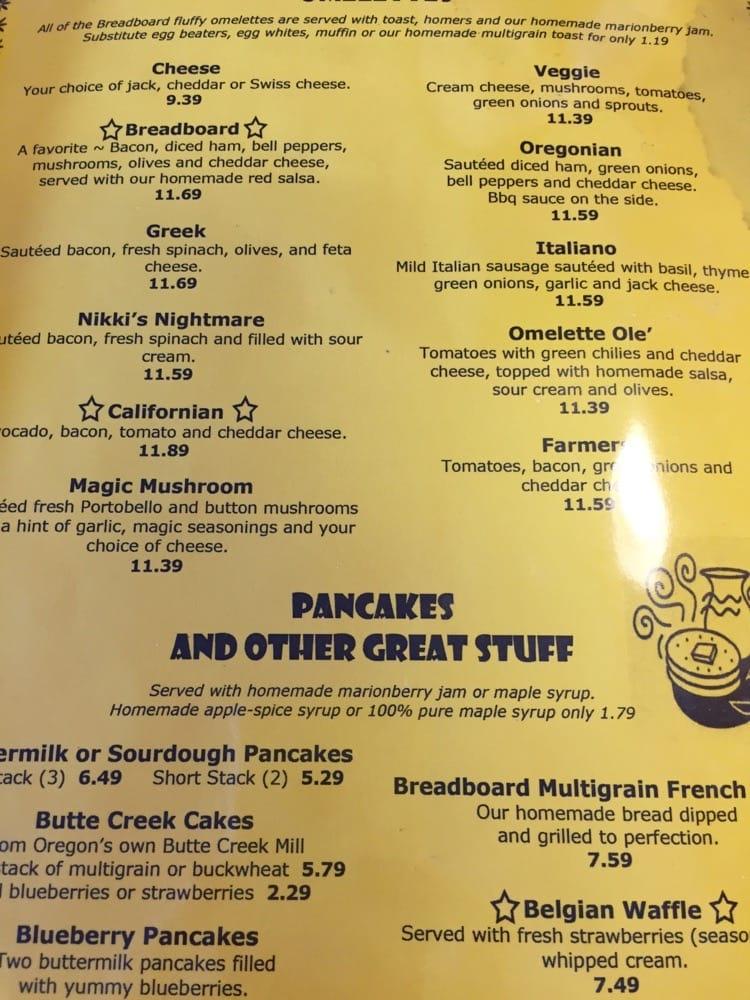 Menu at The Breadboard Restaurant, Ashland